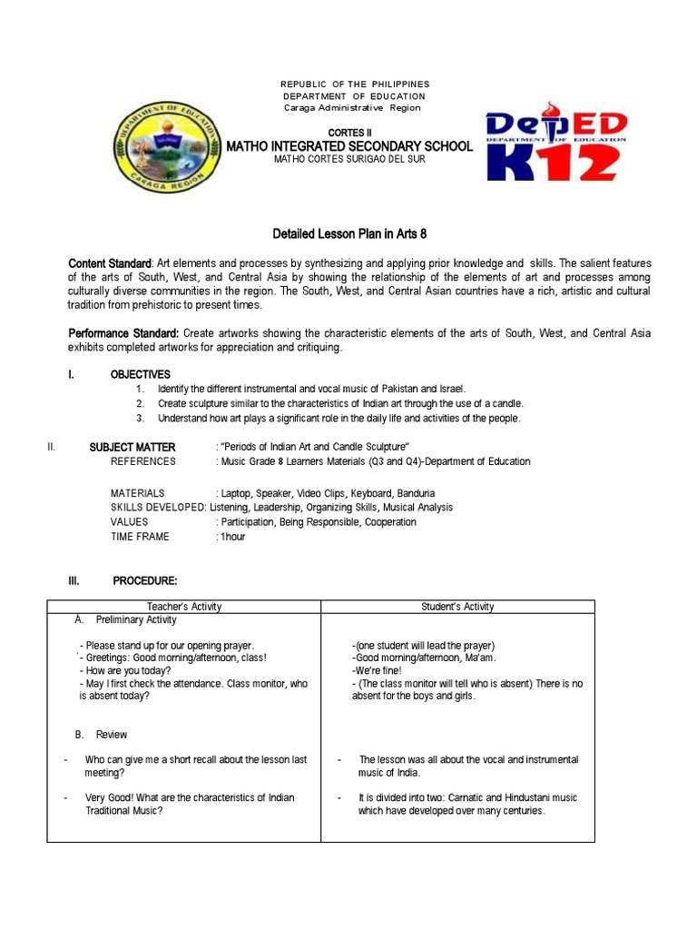 Detailed Lesson Plan in MUSIC 8 Pakistan and Israel Music | PDF ...