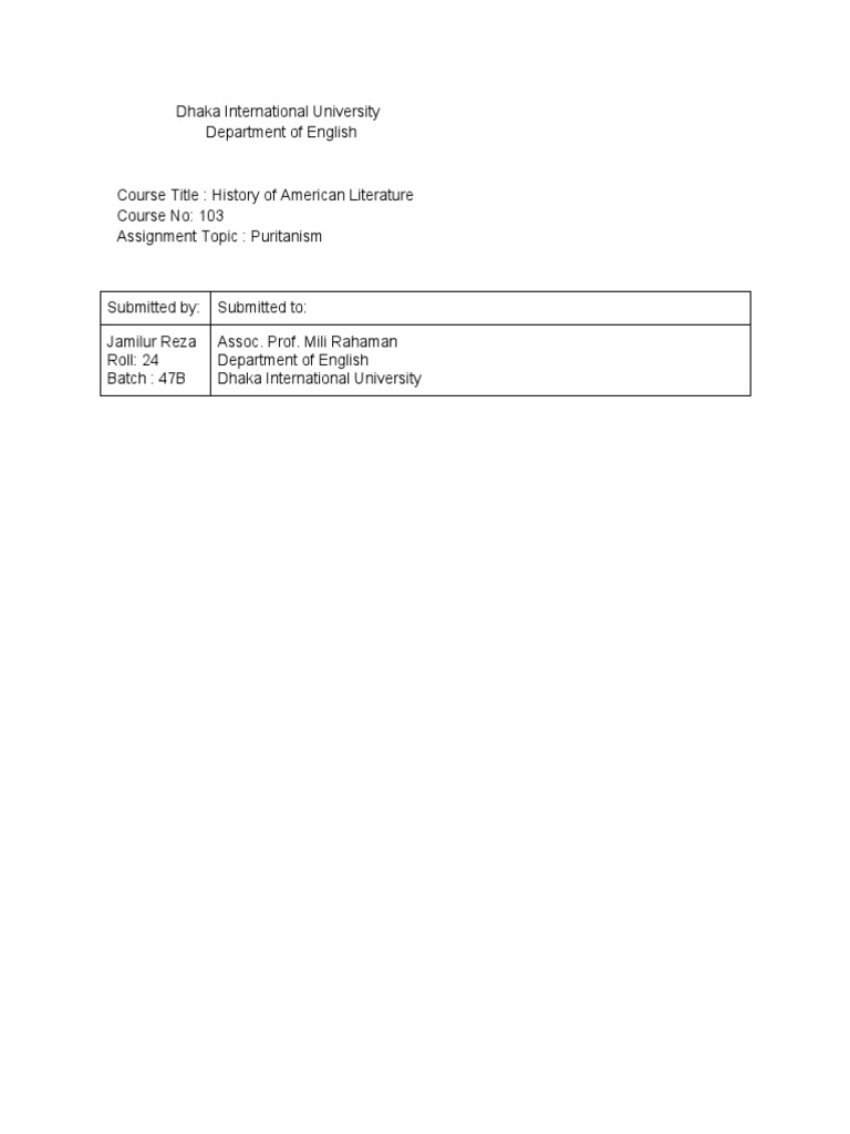 Assignment of Puritanism Hi PDF | PDF | Puritans | Calvinism