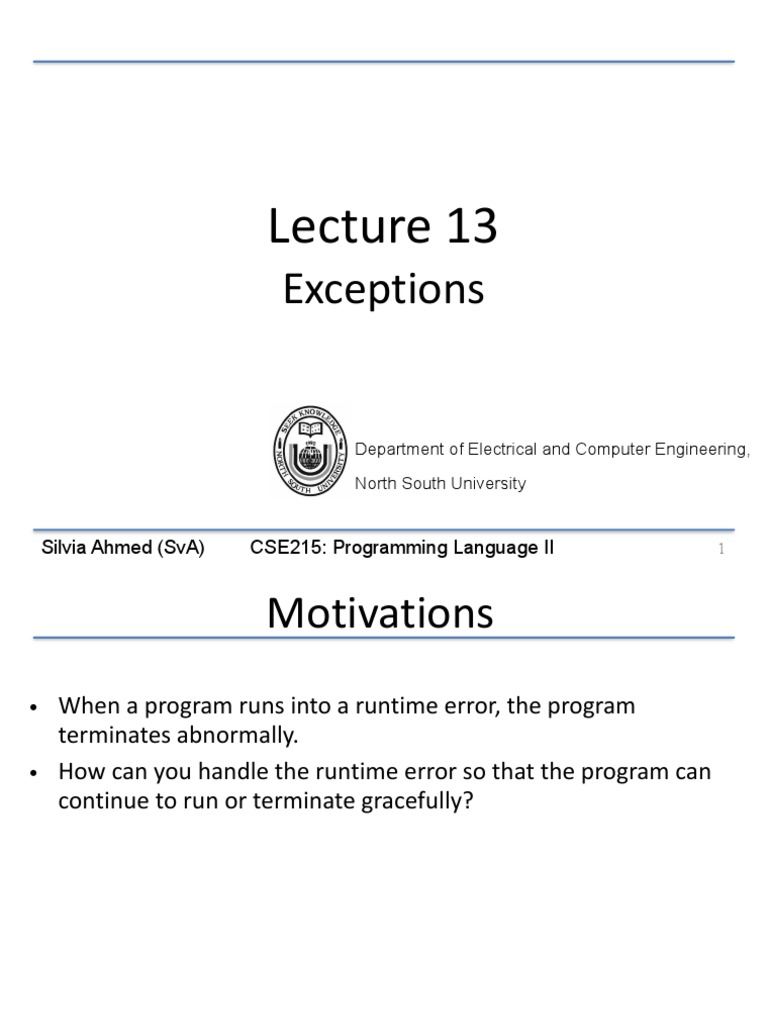 CSE215 Lec13 Exception PDF | PDF | Method (Computer Programming) | Class (Computer Programming)