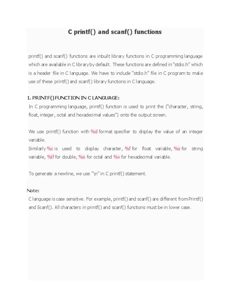 C Printf And Scanf Functions Pdf C Programming Language