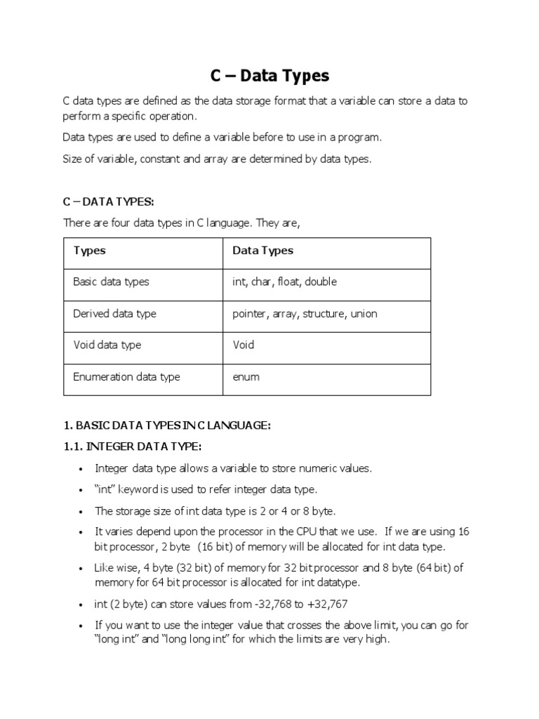 C Data Types | PDF | Integer (Computer Science) | Data Type