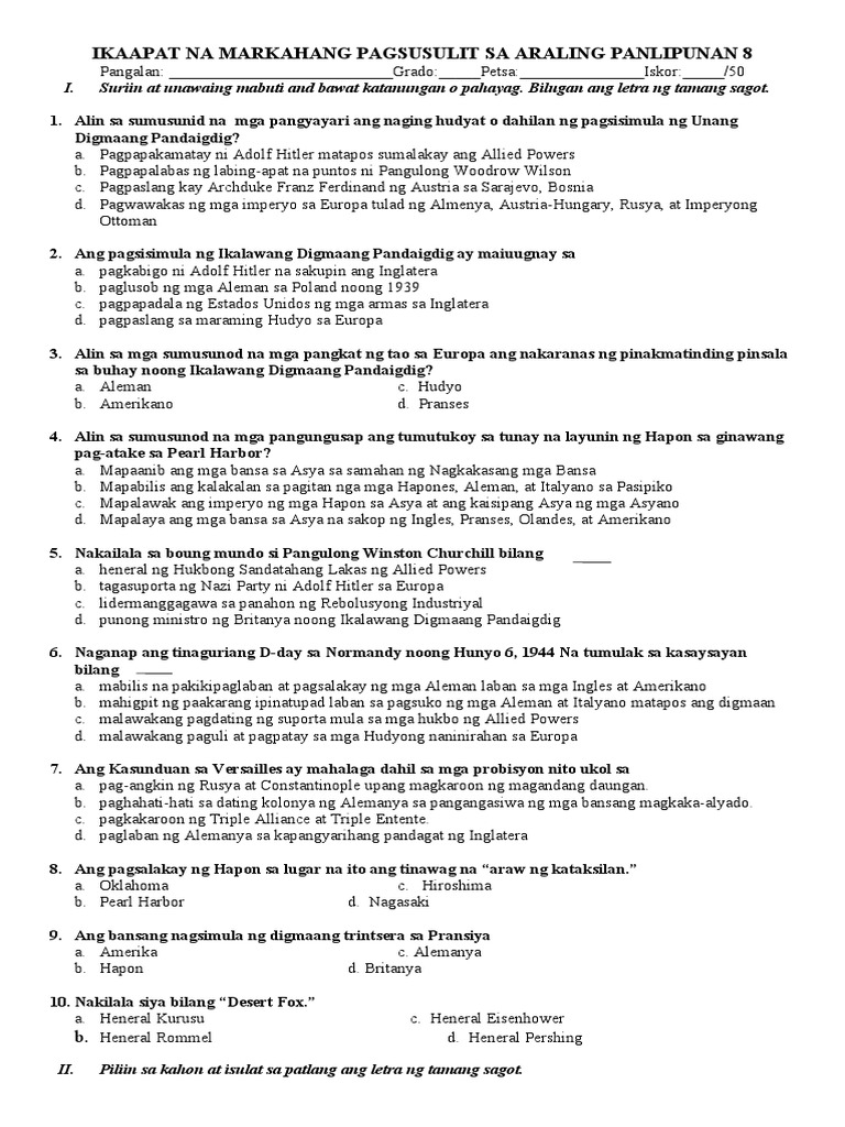 4TH-IKAAPAT-NA-MARKAHANG-PAGSUSULIT-SA-aralin Pan | PDF