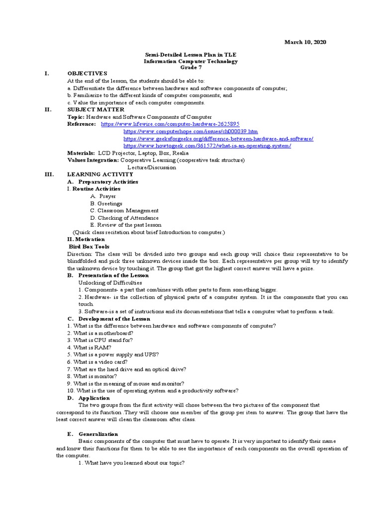 1.DEMO Lesson Plan | PDF | Computer Hardware | Digital Technology