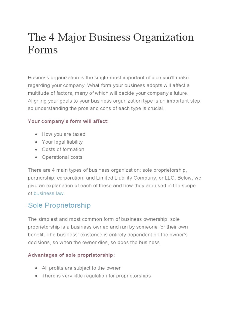 The 4 Major Business Organization Forms | PDF | Partnership | Limited ...