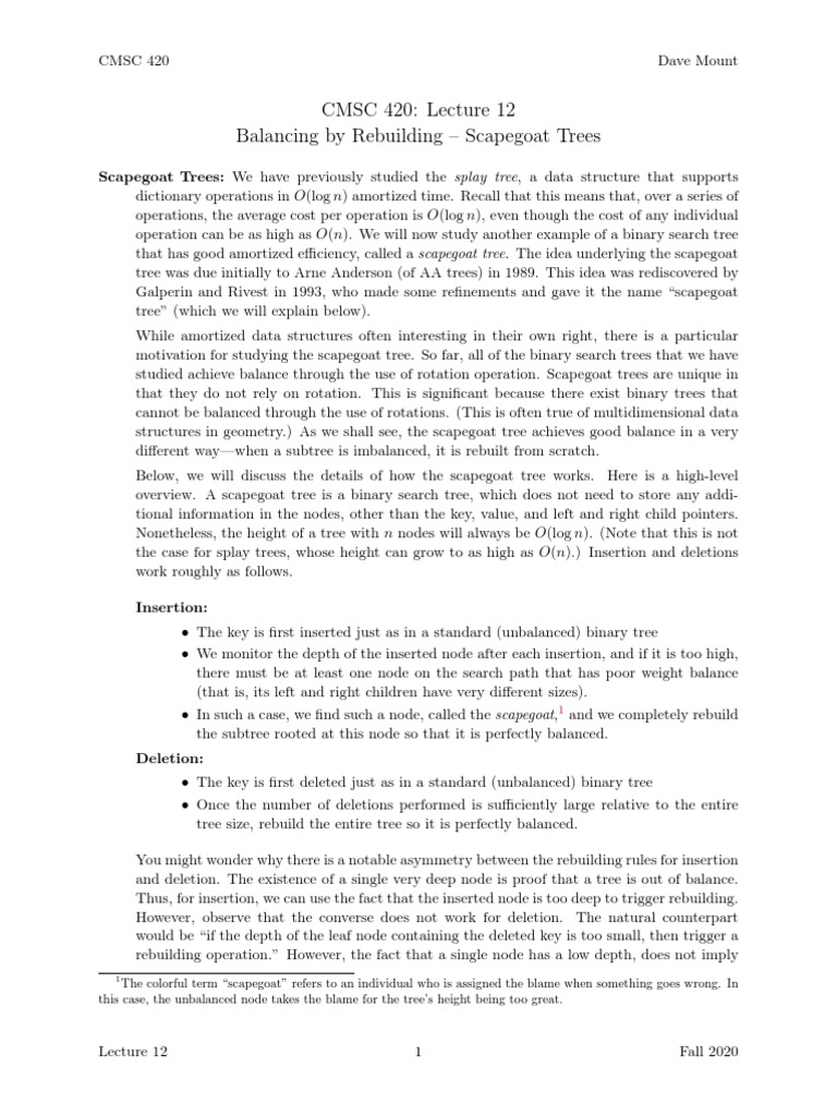 CMSC 420: Lecture 12 Balancing by Rebuilding - Scapegoat Trees | PDF ...