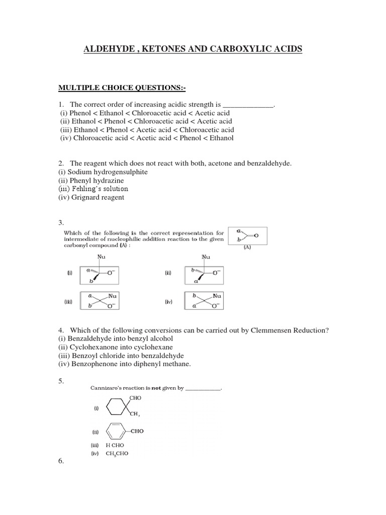 Aldehyde, Ketones and Carboxylic Acids: Multiple Choice Questions | PDF ...