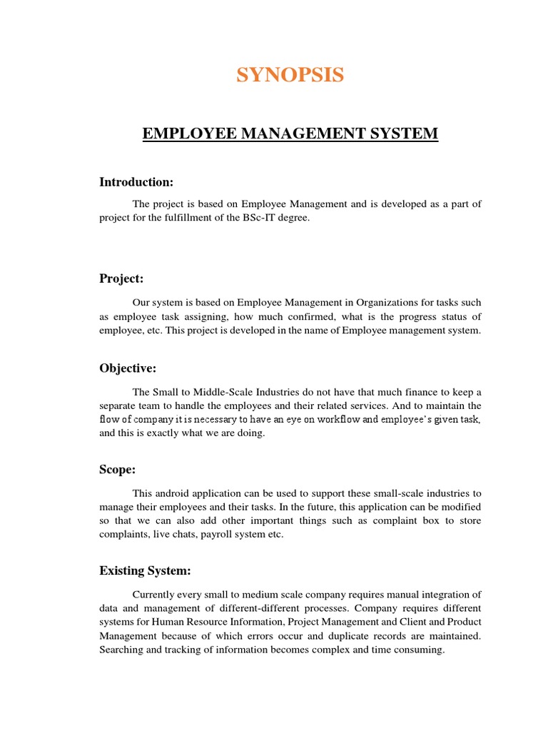 Synopsis: Employee Management System | PDF | Android (Operating System) | Databases