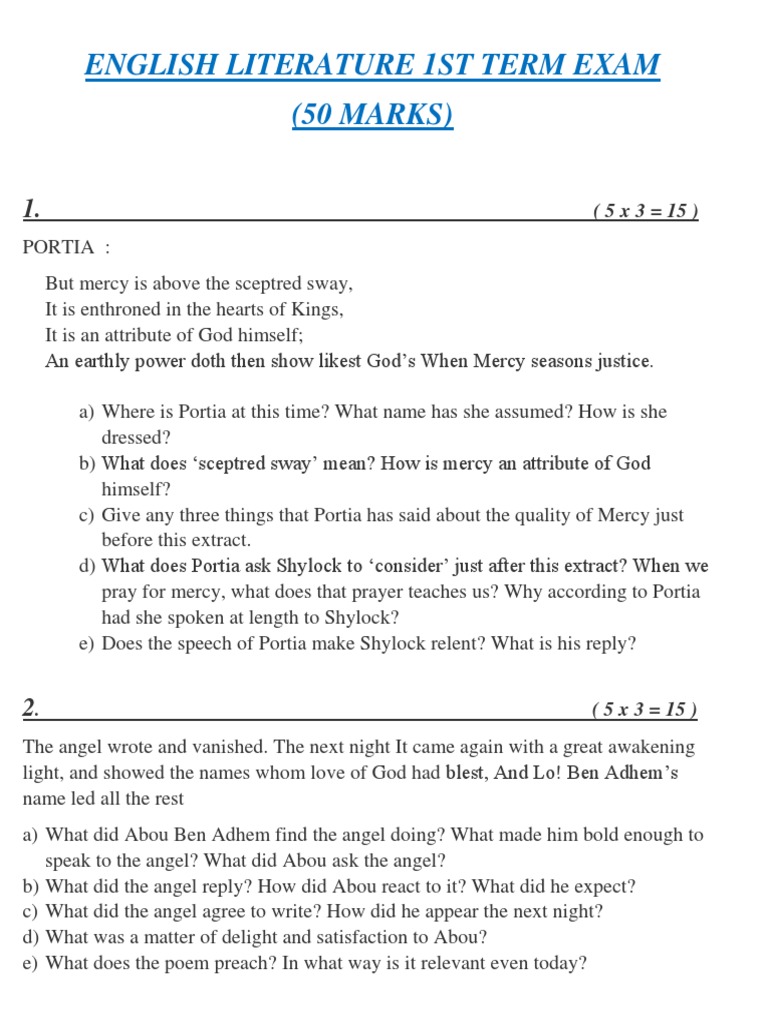 English Literature 1St Term Exam (50 MARKS) | PDF