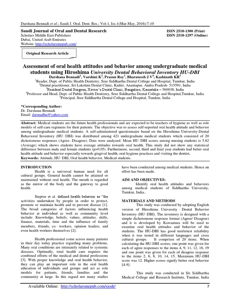 Assessment of Oral Health Attitudes and Behavior Among Undergraduate ...