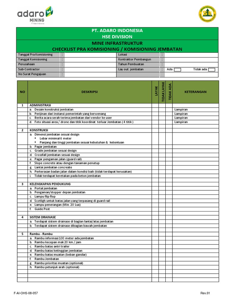 F-AI-OHS-08-057 Checklist Komisioning Jembatan (Rev 01) | PDF