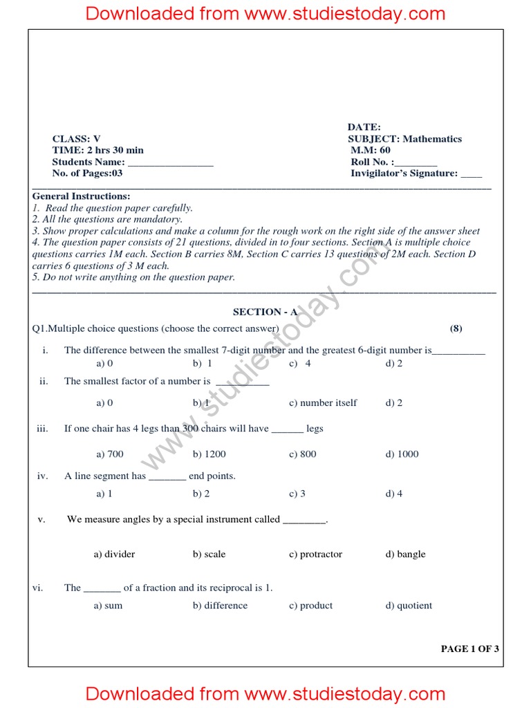 CBSE Class 5 Mathematics Sample Paper Set A | PDF | Fraction ...