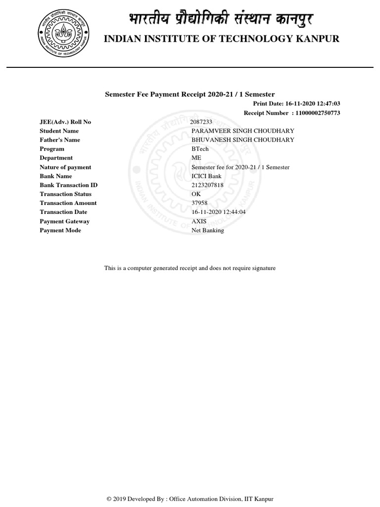Indian Institute of Technology Kanpur: Semester Fee Payment Receipt ...