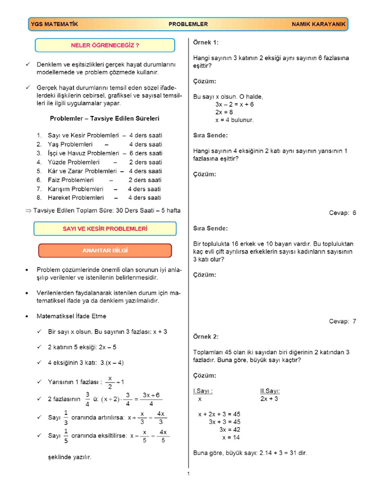 YGS MATEMATİK PROBLEMLER NAMIK KARAYANIK - PDF Free Download PDF | PDF