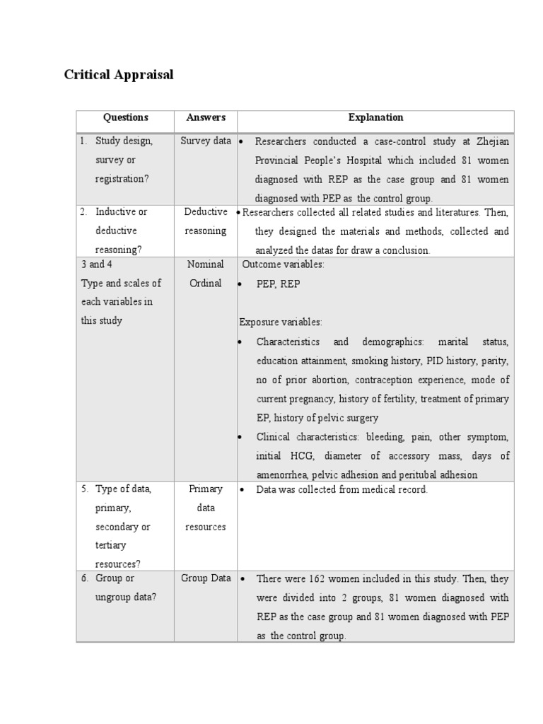 Critical Appraisal: Questions Answers Explanation | PDF