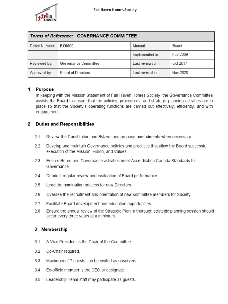 Terms of Reference: GOVERNANCE COMMITTEE: 1 Purpose | PDF | Committee ...