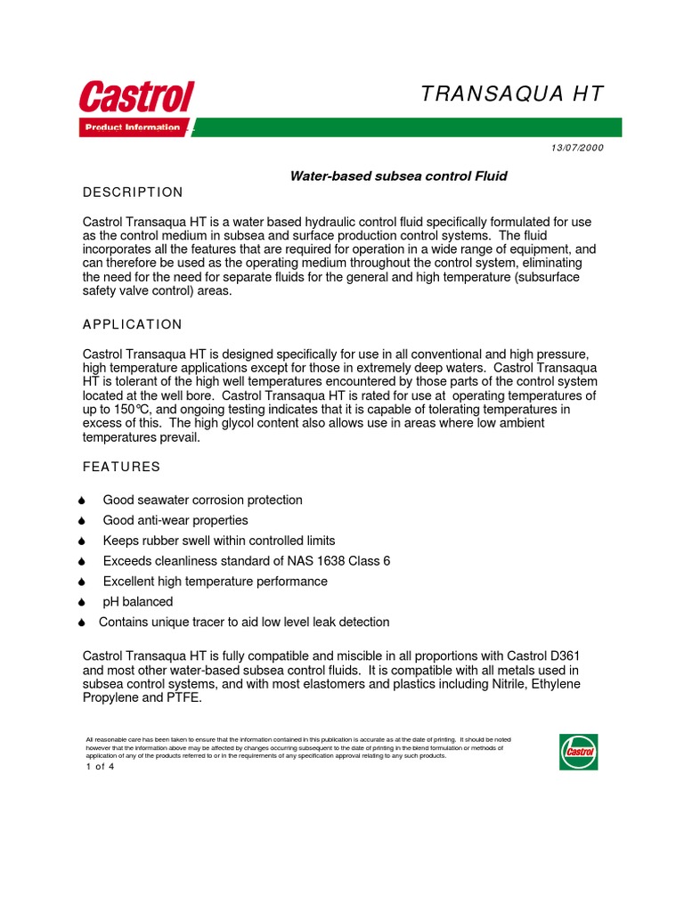 Transaqua HT: Water-Based Subsea Control Fluid | PDF | Materials ...