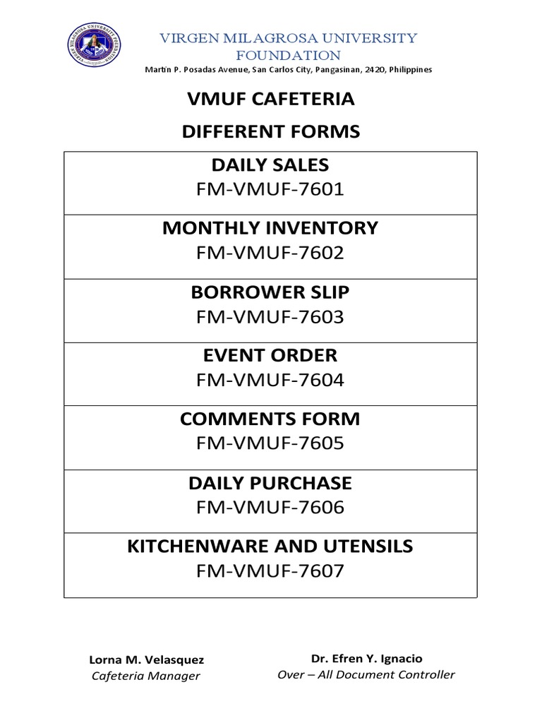 VMUF Cafeteria Sales and Inventory Forms | PDF