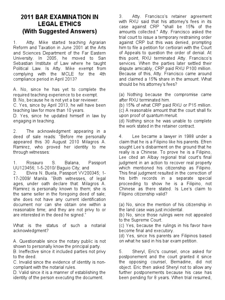 2011-2014 Bar Exam Questions in Legal Ethics | PDF | Lawyer | Prosecutor