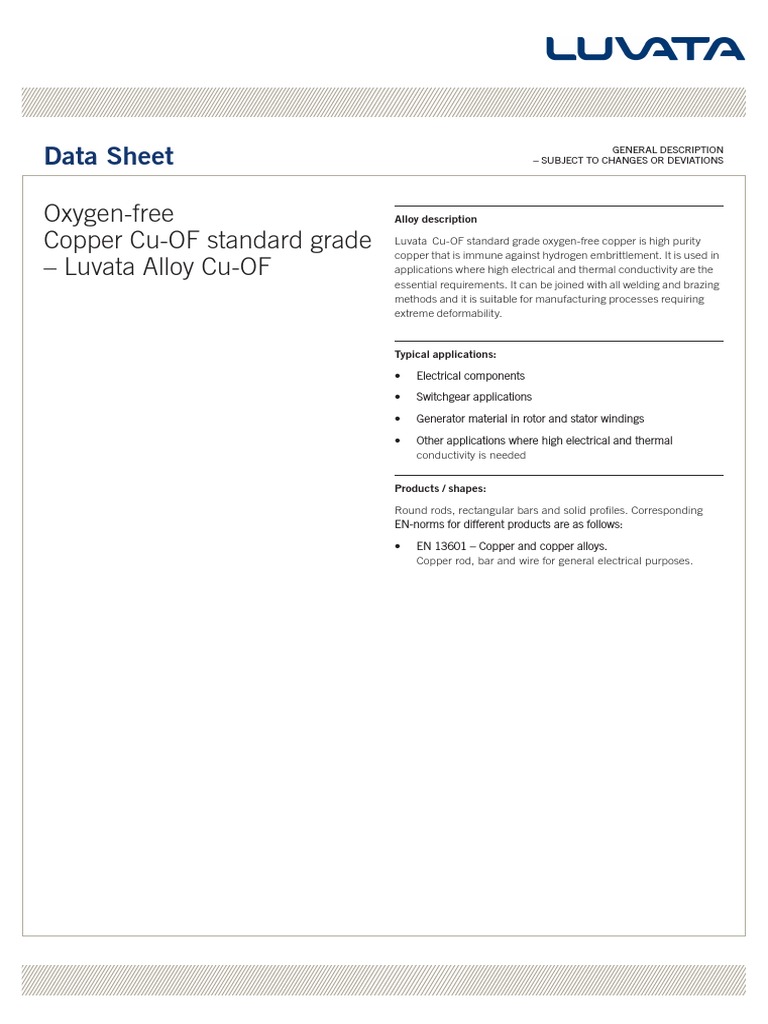 Data Sheet: Oxygen-Free Copper Cu-OF Standard Grade - Luvata Alloy Cu ...