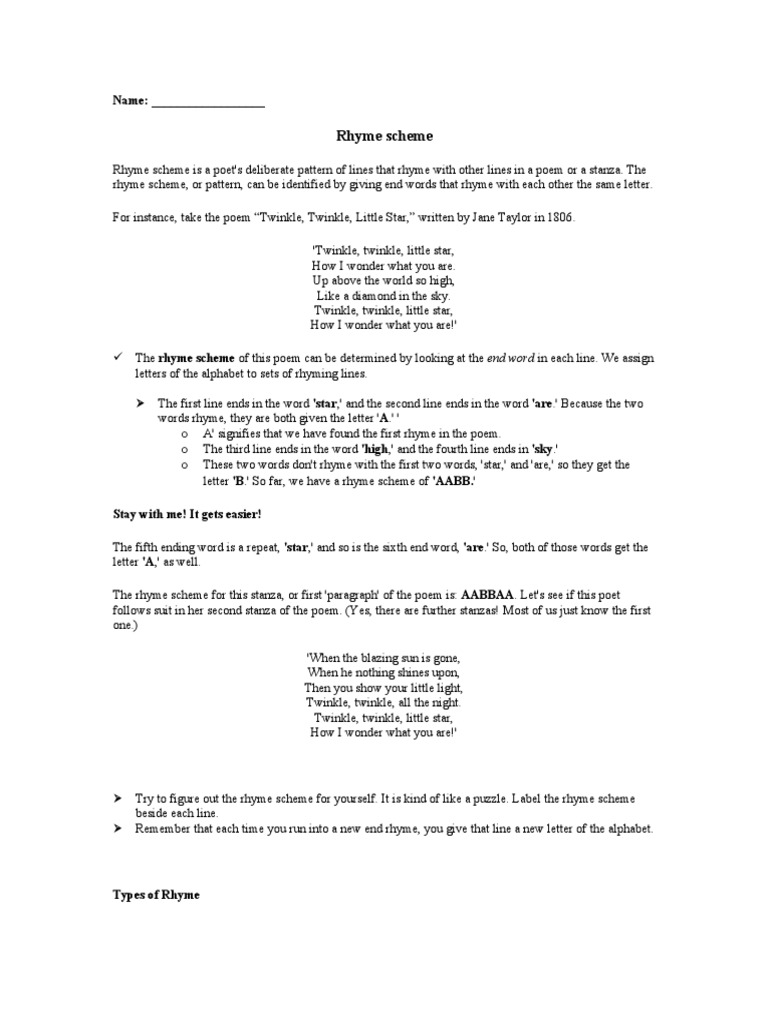 Rhyme Scheme: Name | PDF | Rhyme | Poetry