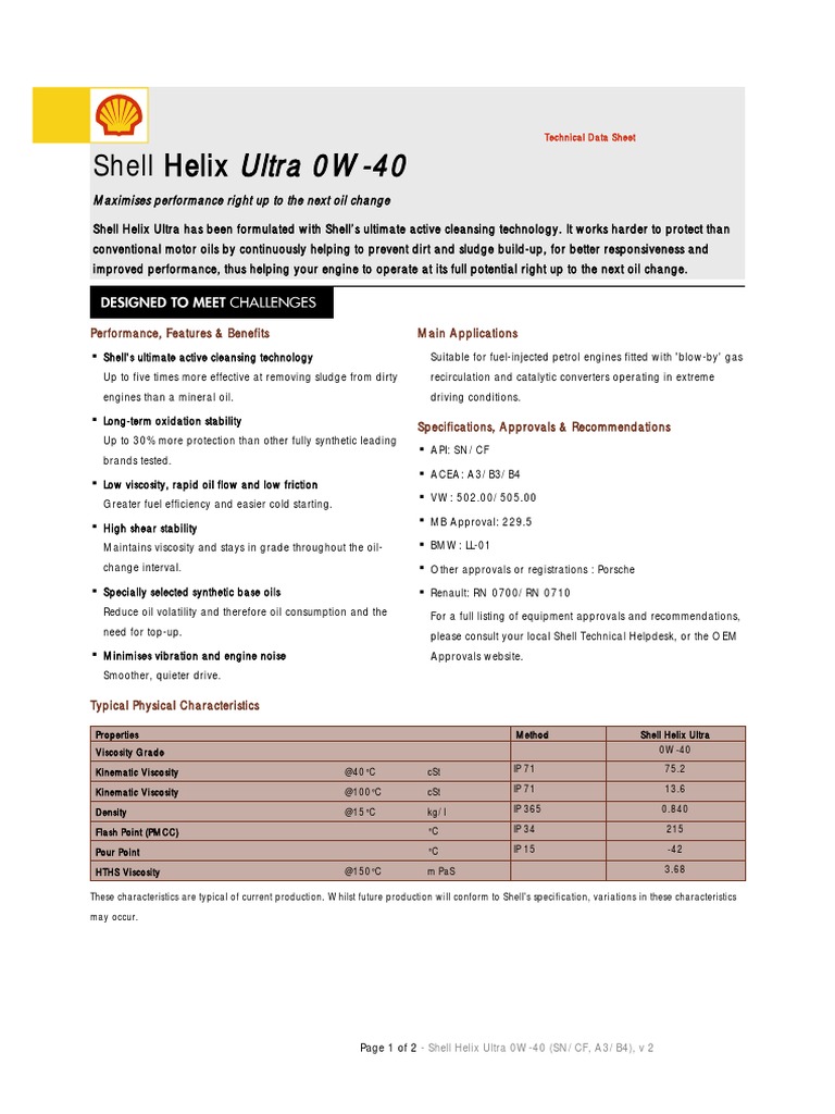 Technical Data Sheet for Shell Helix Ultra 0W-40 | PDF | Motor Oil ...