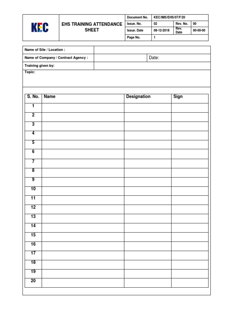 EHS Training Attendance Sheet | PDF