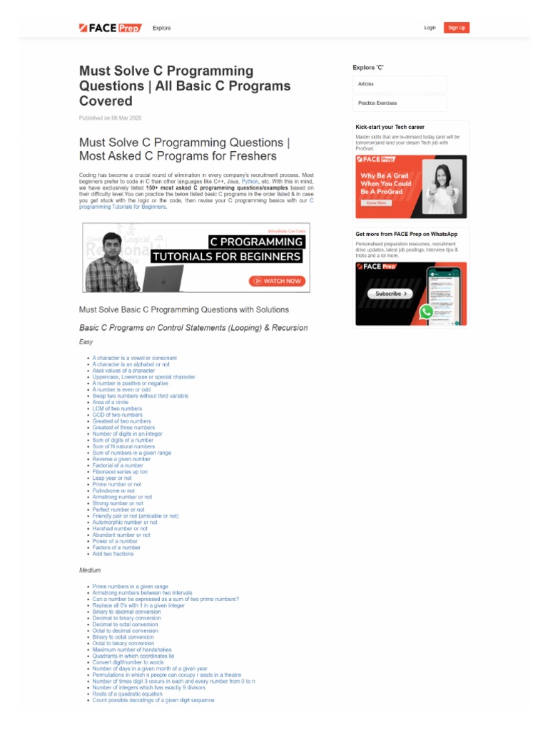 Faceprep C Programming Questions | PDF