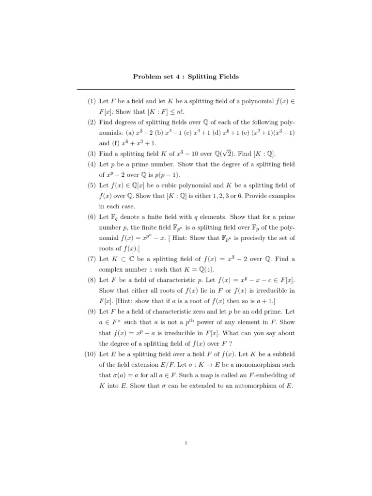 Splitting Fields Problem Set Solutions | PDF