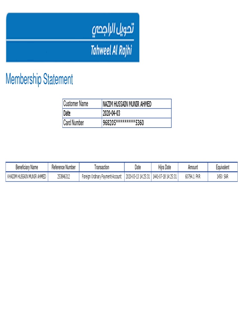 Membership Statement for Nazim Hussain | PDF | Finance & Money Management