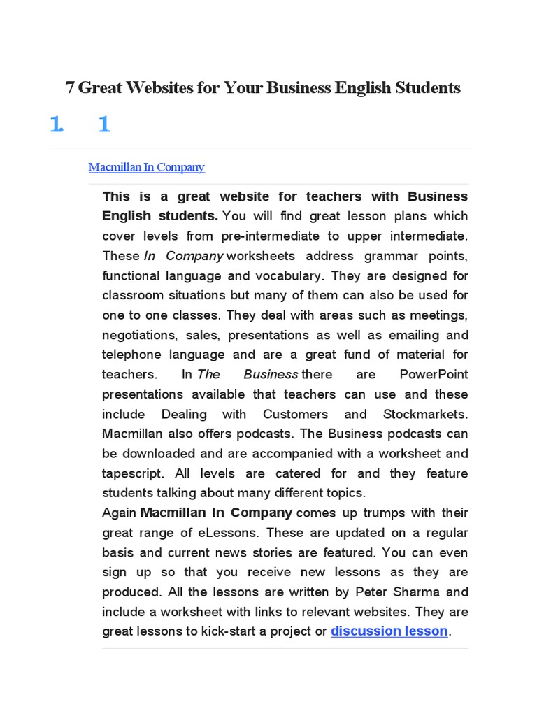 Top 7 Websites for Business English Teaching | PDF | Lesson Plan | Teachers