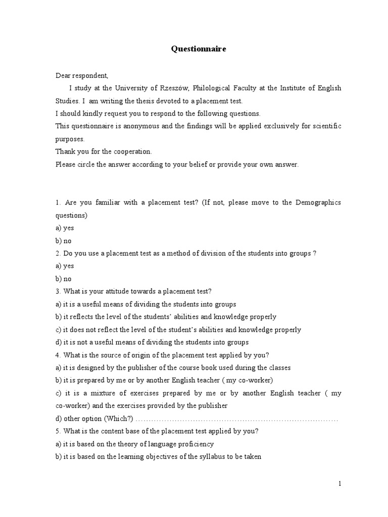 Placement Test Questionnaire for Educators | PDF | Questionnaire | Teaching
