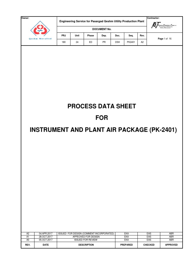 Process Data Sheet FOR Instrument and Plant Air Package (Pk-2401) | PDF ...