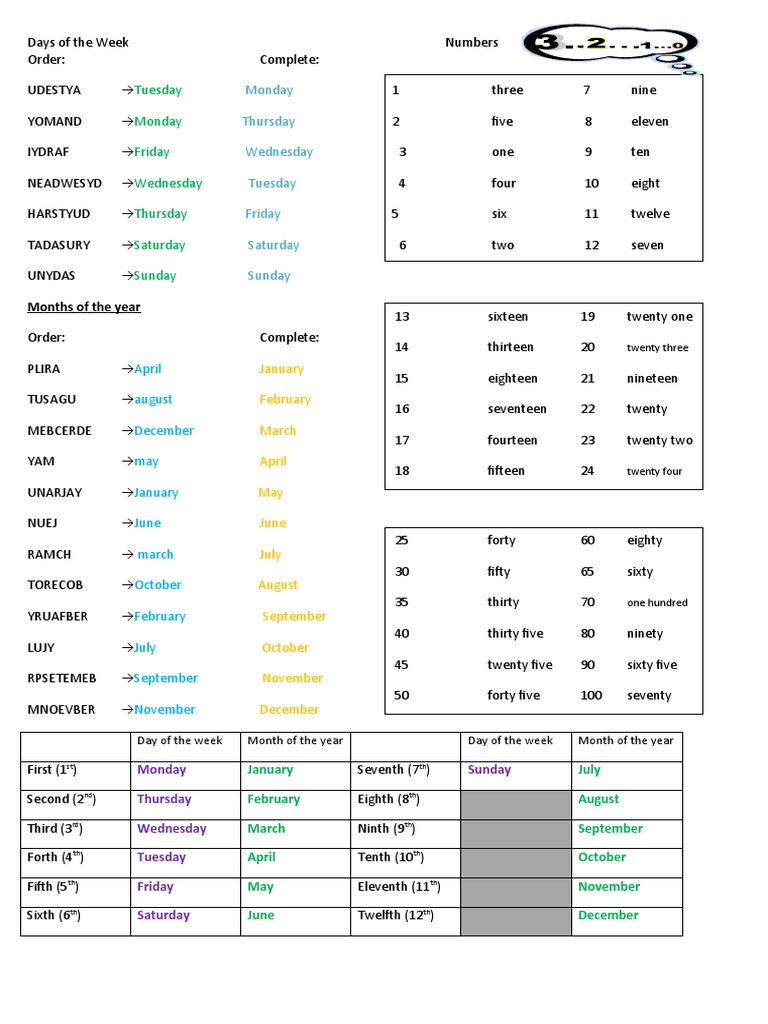 Days Months Ordinal Number Worksheet | PDF | Sports