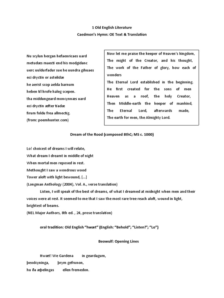 1 Old English Literature Caedmon's Hymn: OE Text & Translation | PDF ...