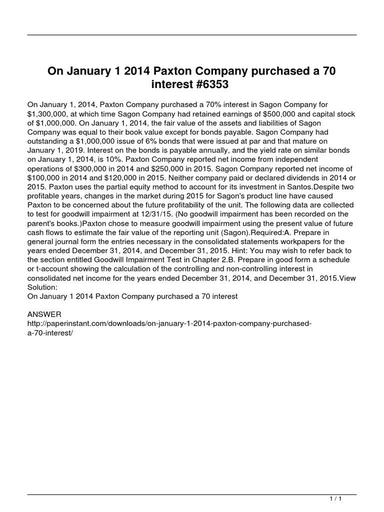 On January 1 2014 Paxton Company Purchased A 70 Interest | PDF ...