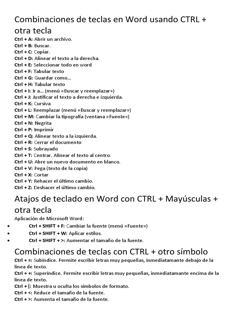 Combinaciones de Teclas en Word Usando CTRL | PDF | Microsoft Word ...