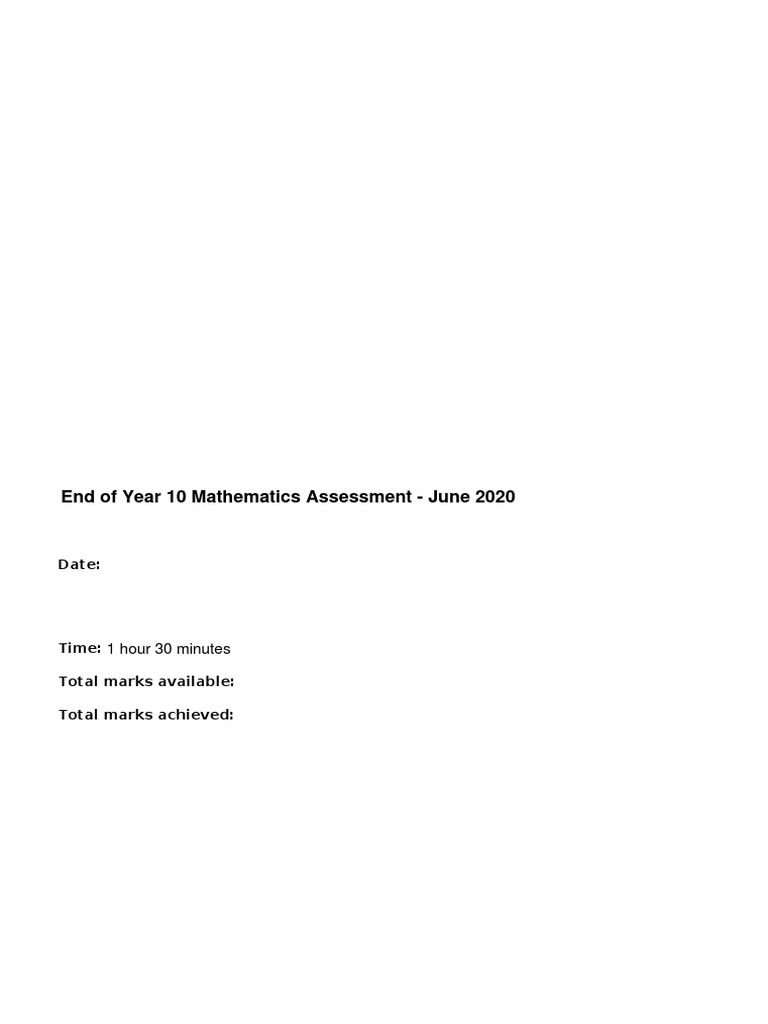 End of Year 10 Mathematics Assessment June 2020 | PDF | Area | Sine