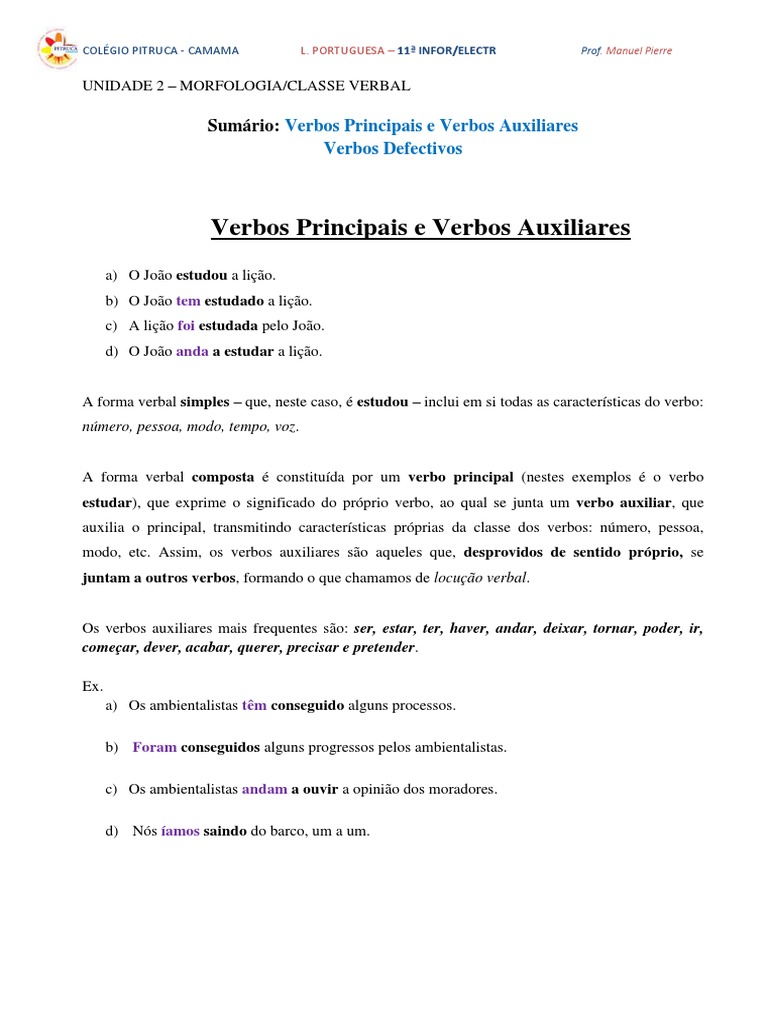 Verbos Principais E Auxiliares Características E Funções Pdf