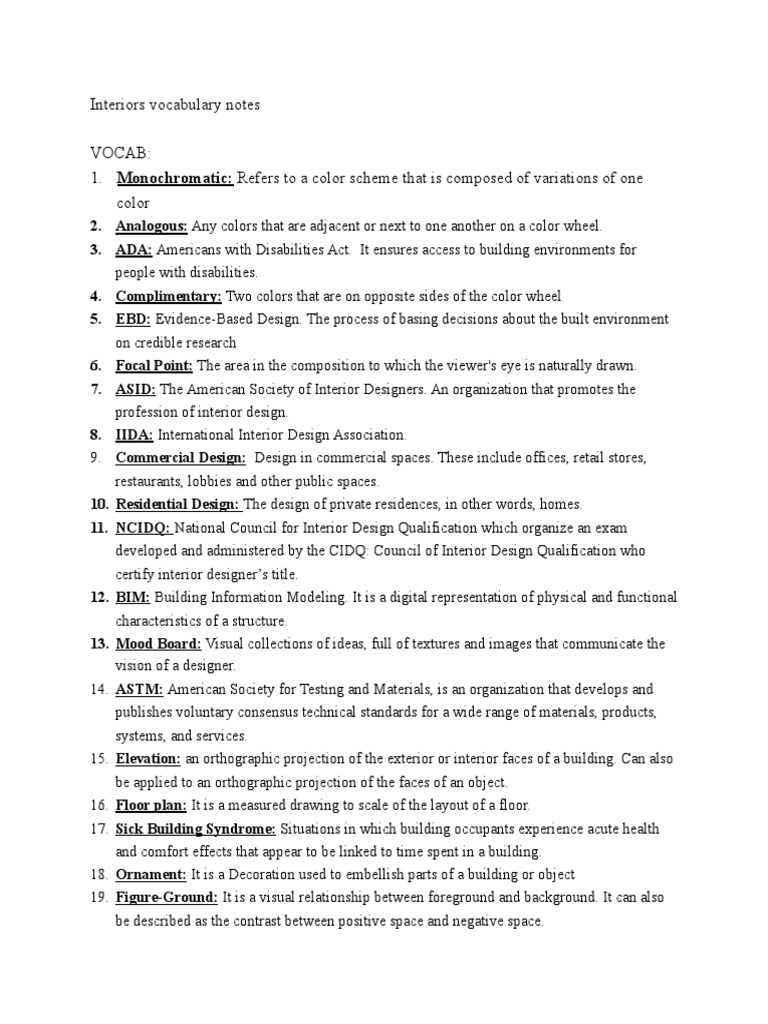 Interiors Vocabulary Notes | PDF | Interior Design | Building ...