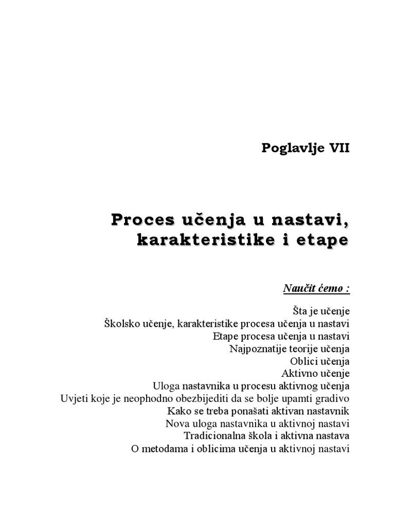 Poglavlje 7 - Proces Ucenja U Nastavi, Karakterisik I Etape | PDF