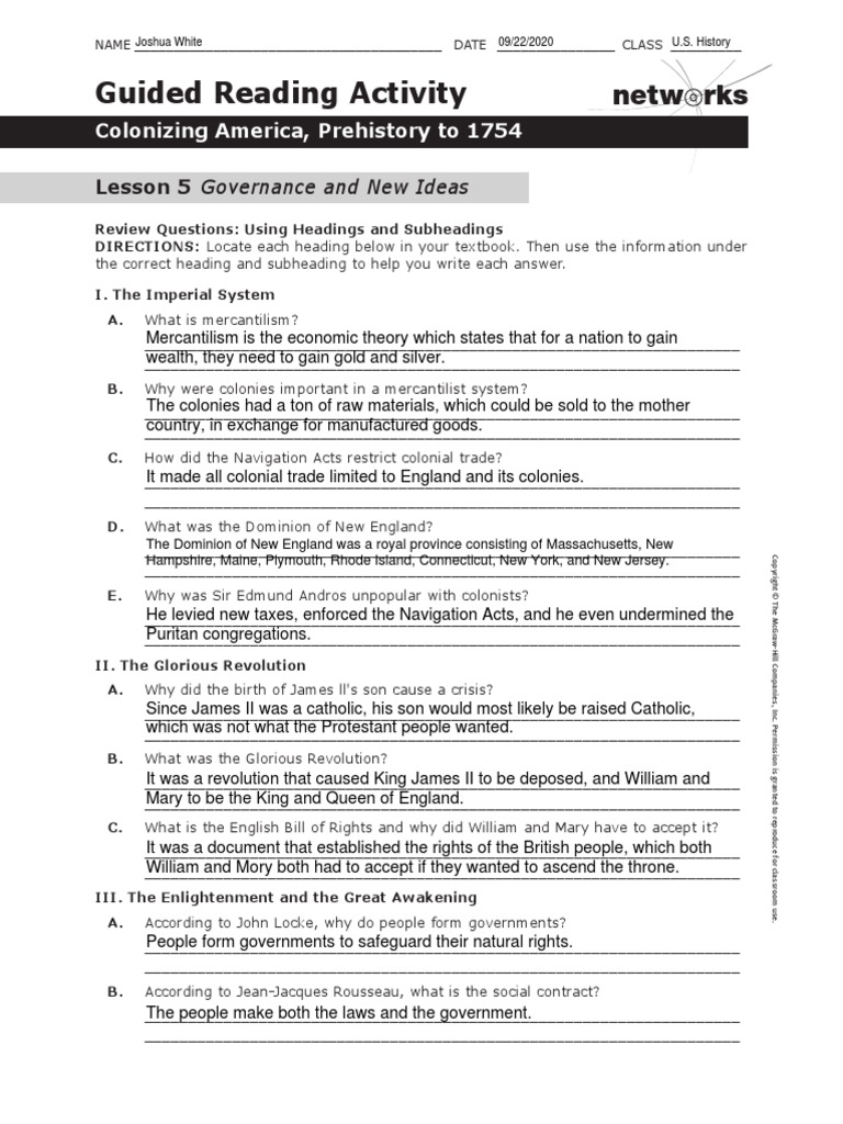 Netw Rks Guided Reading Activity: Lesson 5 Governance and New Ideas | PDF | Dominion Of New England