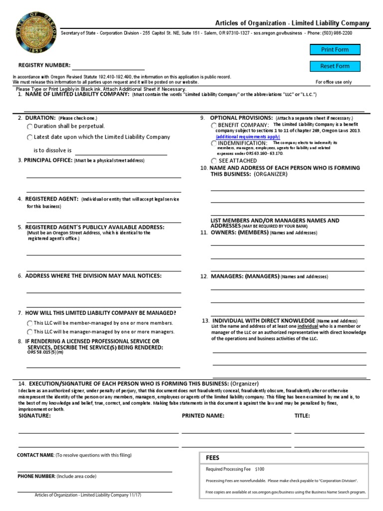 Articles of Organization - Limited Liability Company: Black Ink. Attach ...