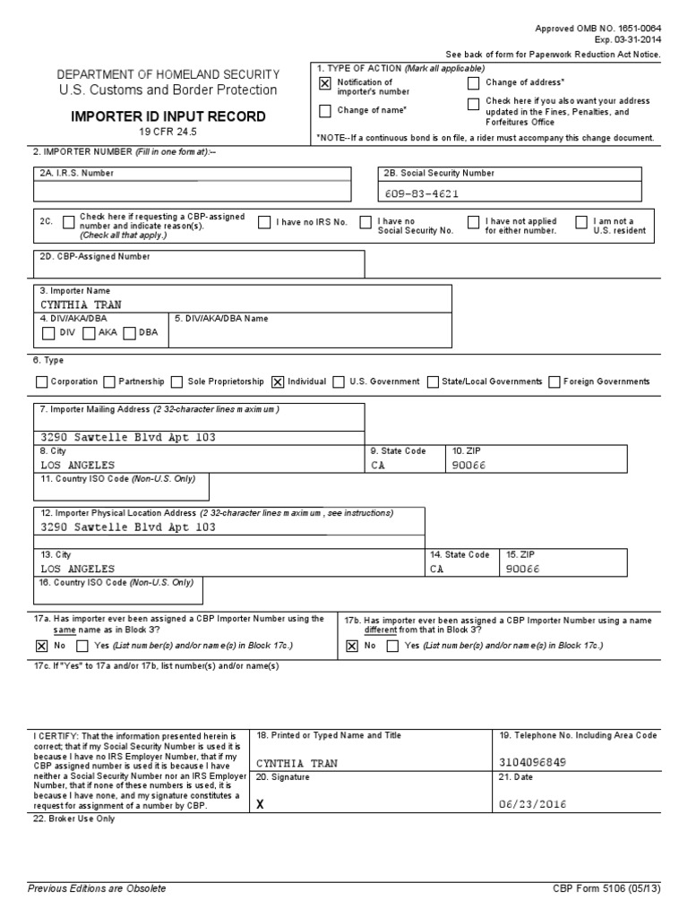 CBP - Form - 5106 (NEW) PDF | PDF | United States Postal Service ...
