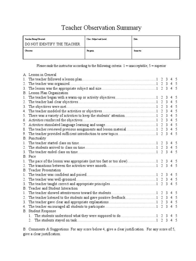 Teacher Observation Summary | PDF | Lesson Plan | Teachers