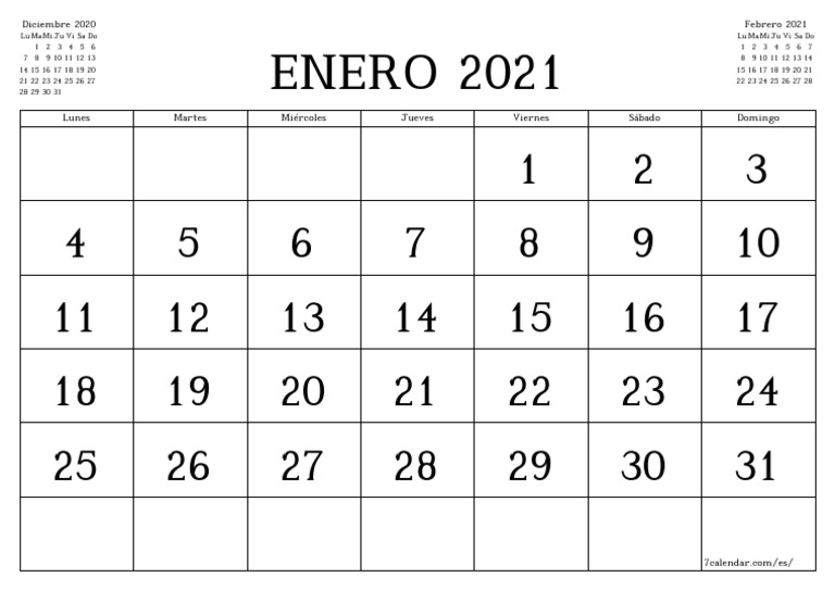 Calendario Mensual: Dic 2020 - Feb 2021 | PDF