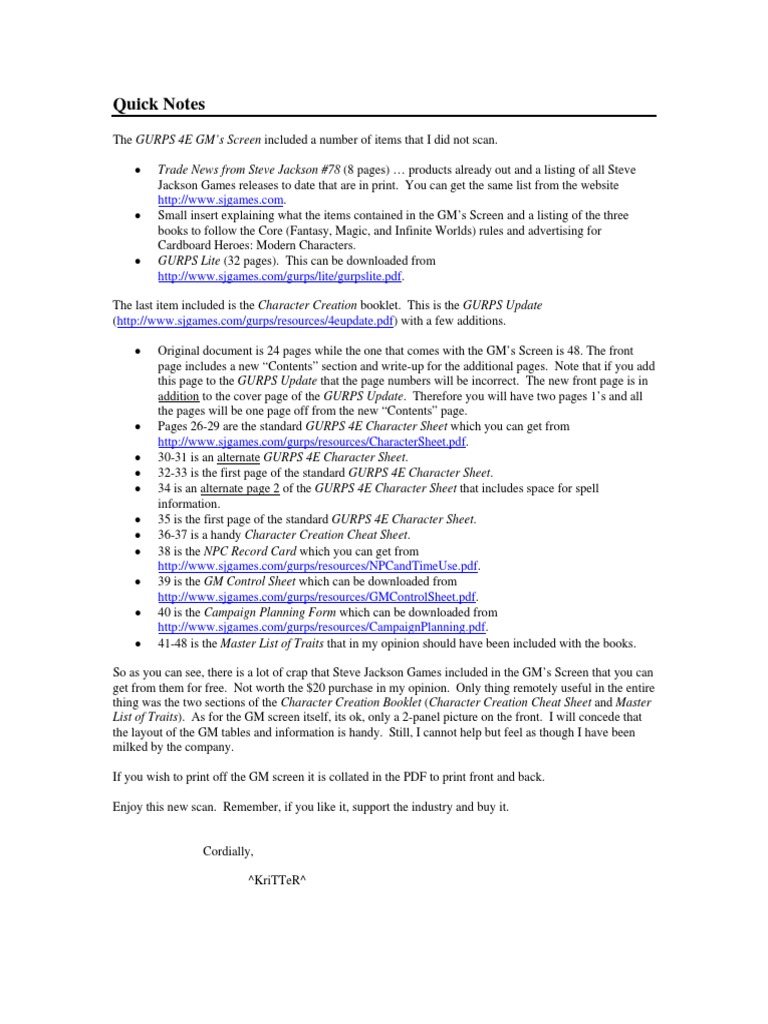 GURPS 4th - Character Creation (Template & Table) PDF | PDF | Role ...