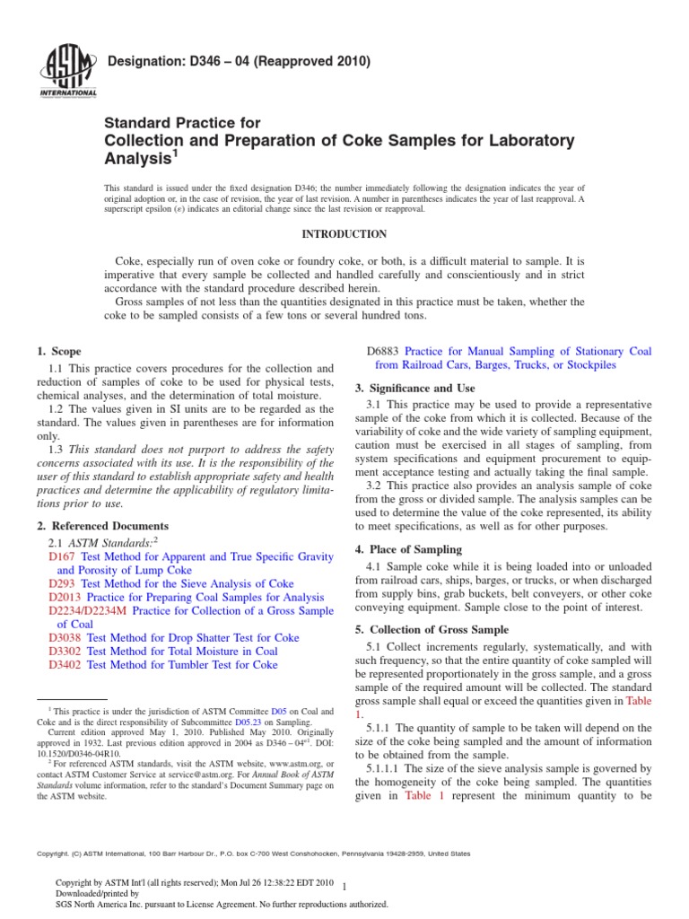 Collection and Preparation of Coke Samples For Laboratory Analysis ...