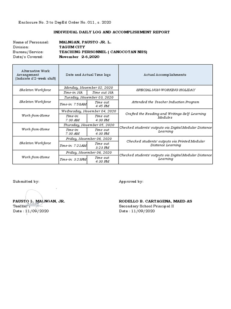 Daily Accomplishment Report for Teachers | PDF