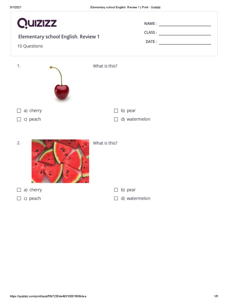Elementary School English. Review 1 - Print - Quizizz | PDF | English ...