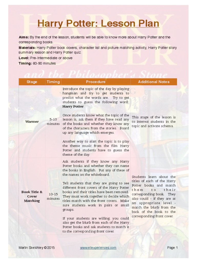 Harry Potter: Lesson Plan!: Stage Timing Procedure Additional Notes ...